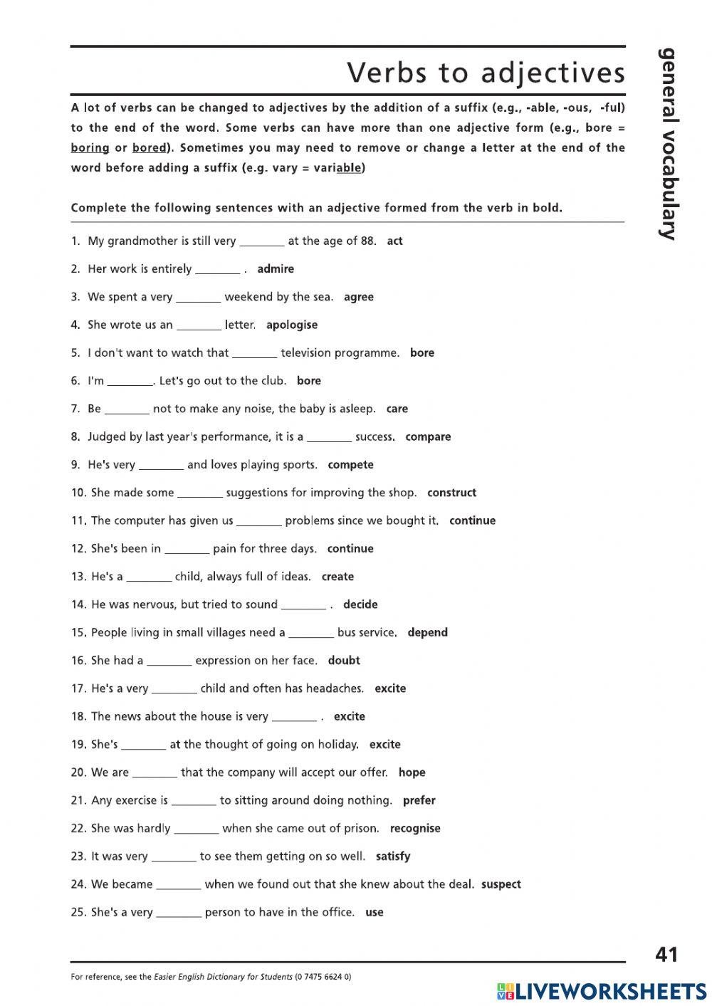 Word Formation. Verbs to Adjectives online exercise for | Live Worksheets
