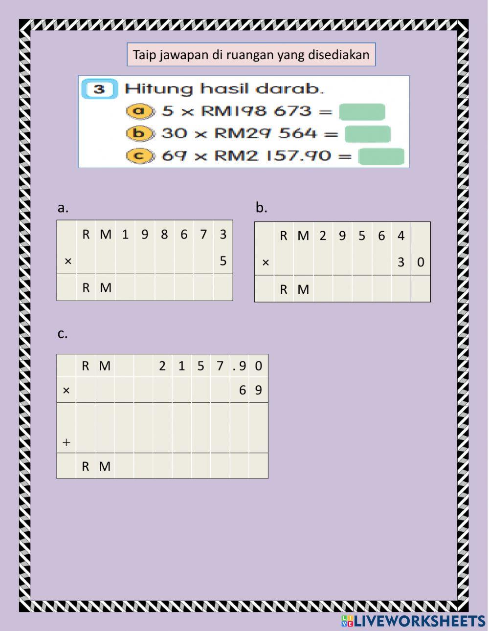 Darab Nilai Wang worksheet | Live Worksheets