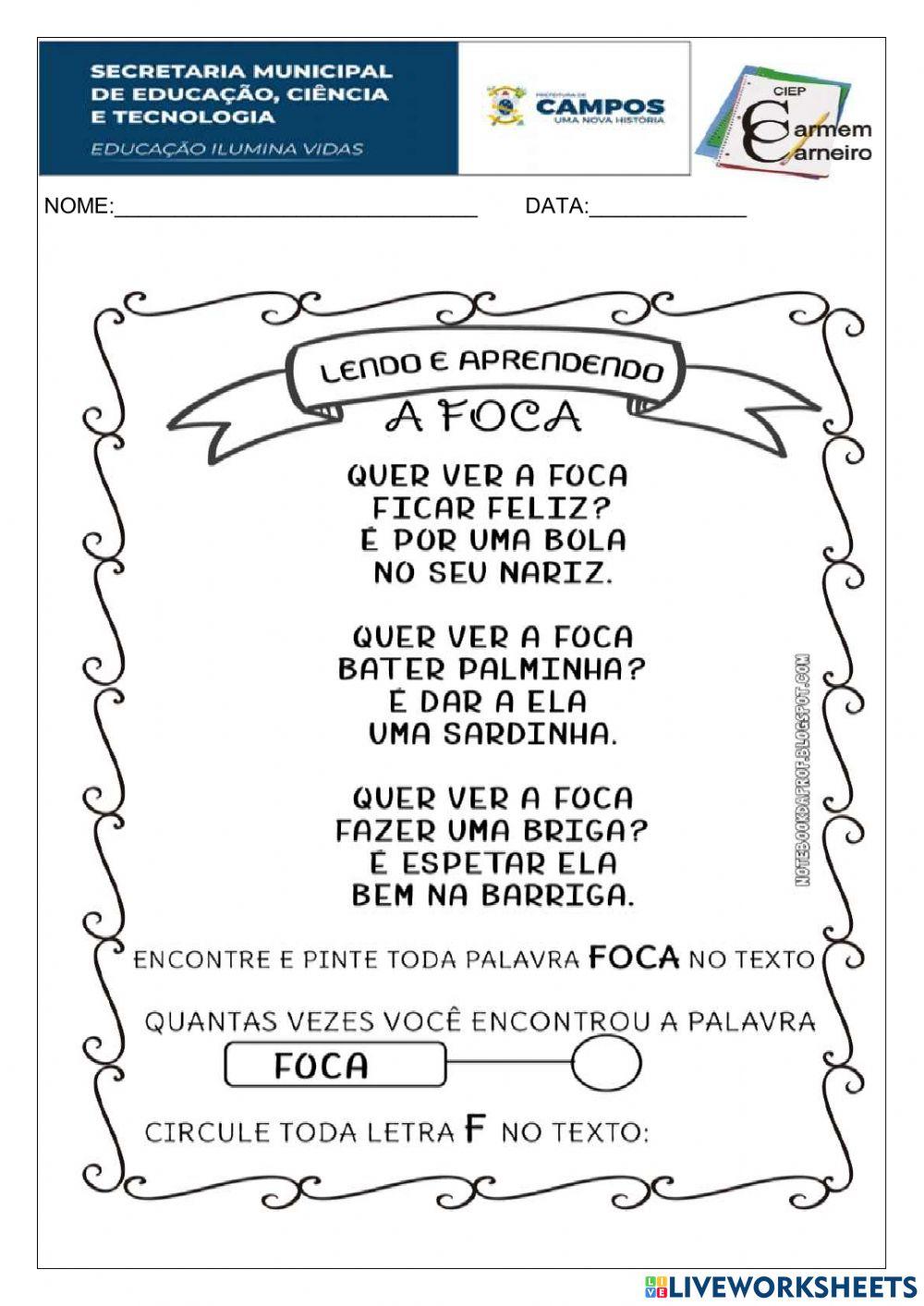 Texto com a letra f worksheet | Live Worksheets