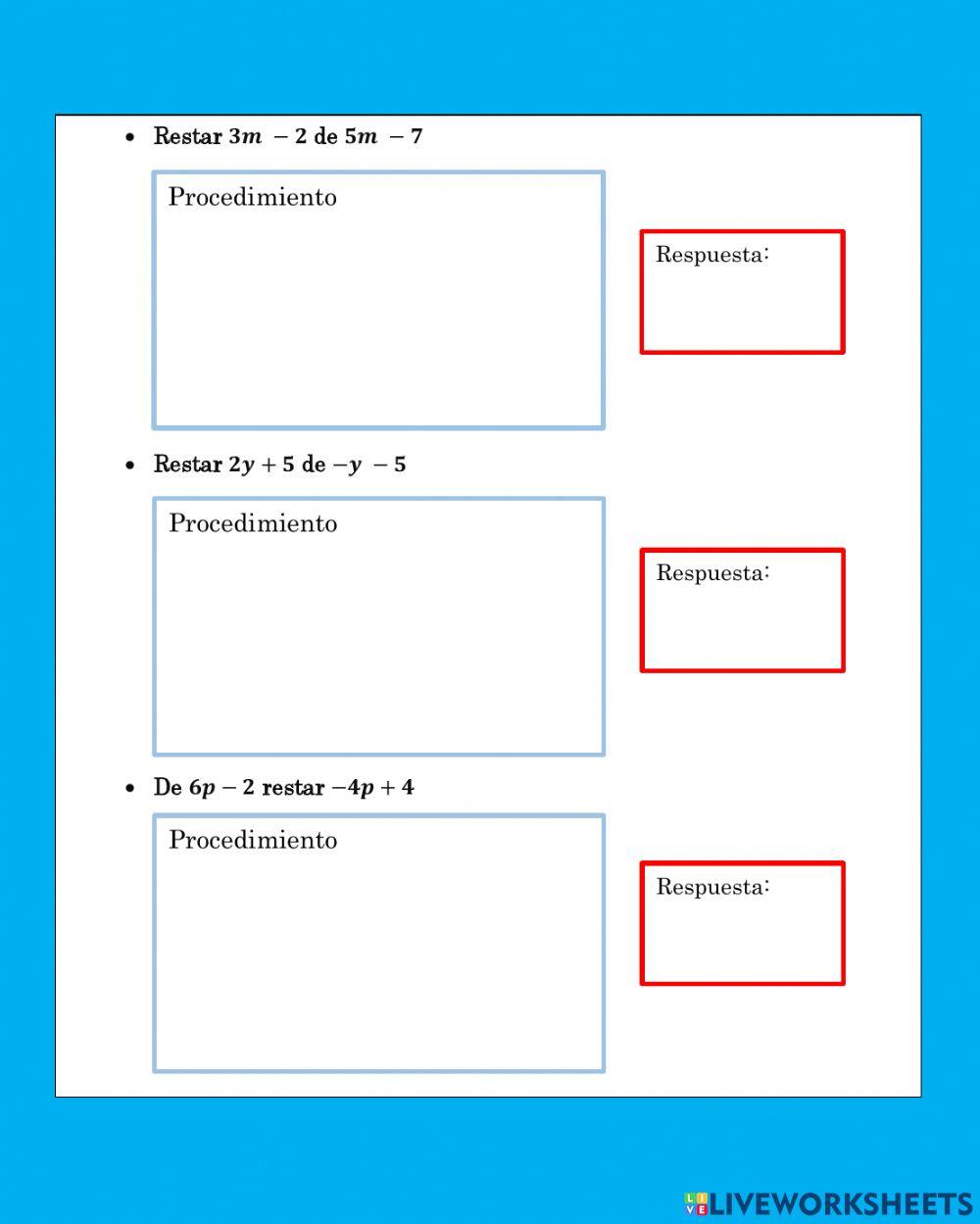 Operaciones alg… | Free Interactive Worksheets | 1104182