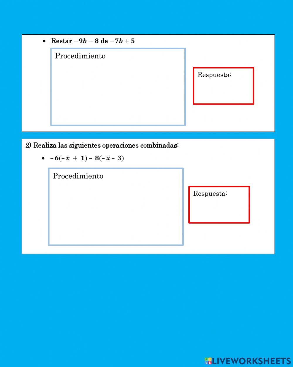 Operaciones alg… | Free Interactive Worksheets | 1104182