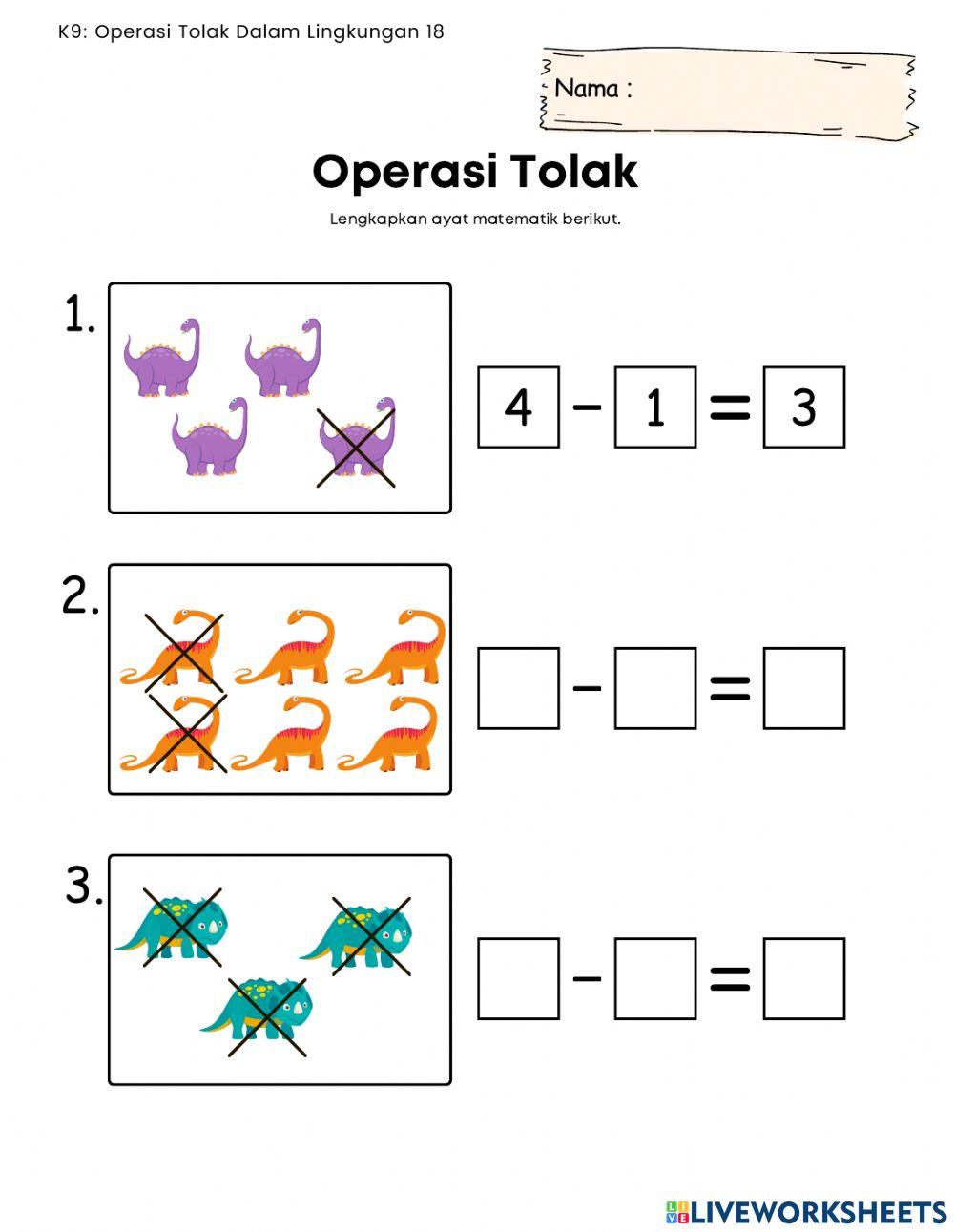 Operasi tolak : Lingkungan 18 worksheet | Live Worksheets