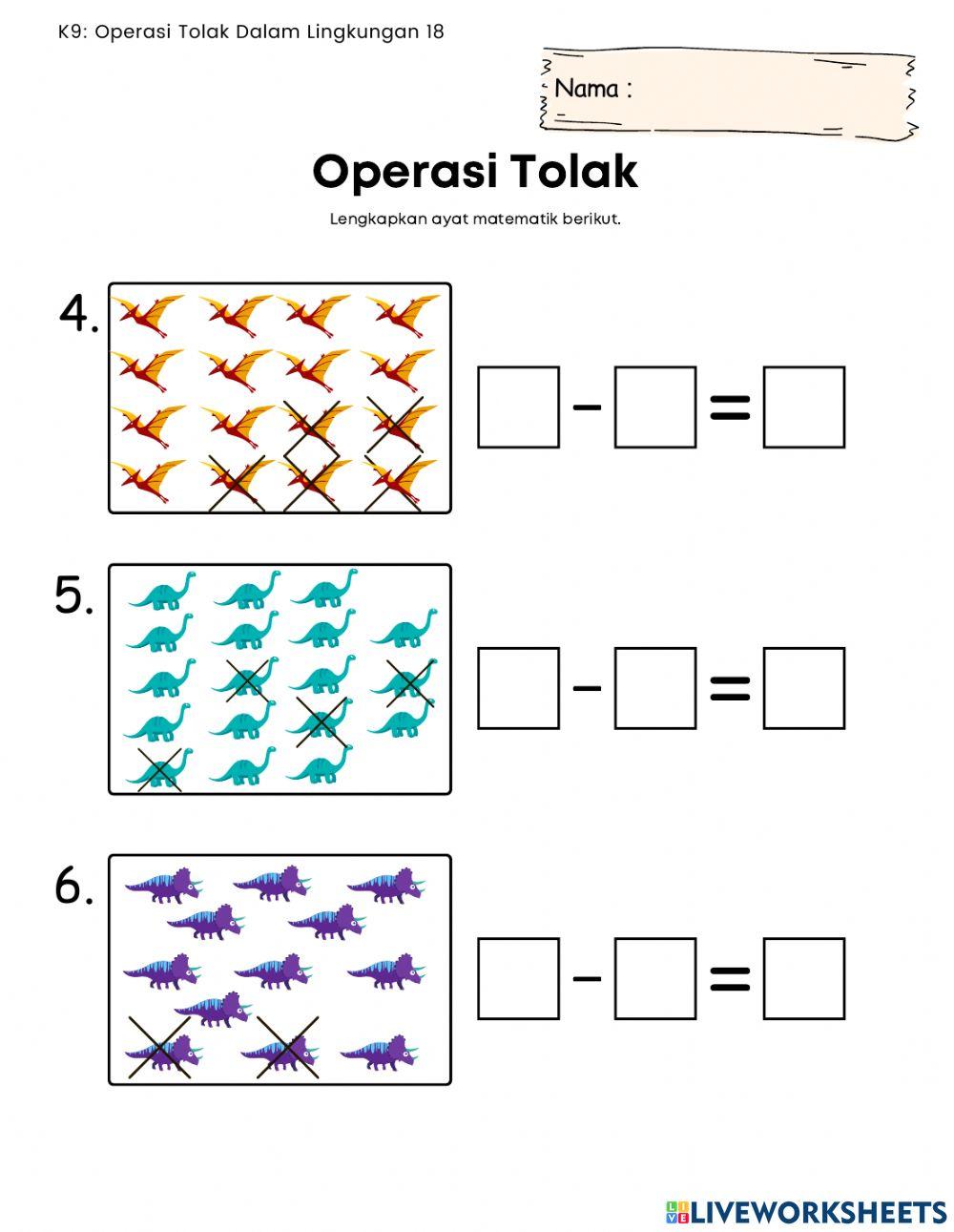 Operasi tolak : Lingkungan 18 worksheet | Live Worksheets