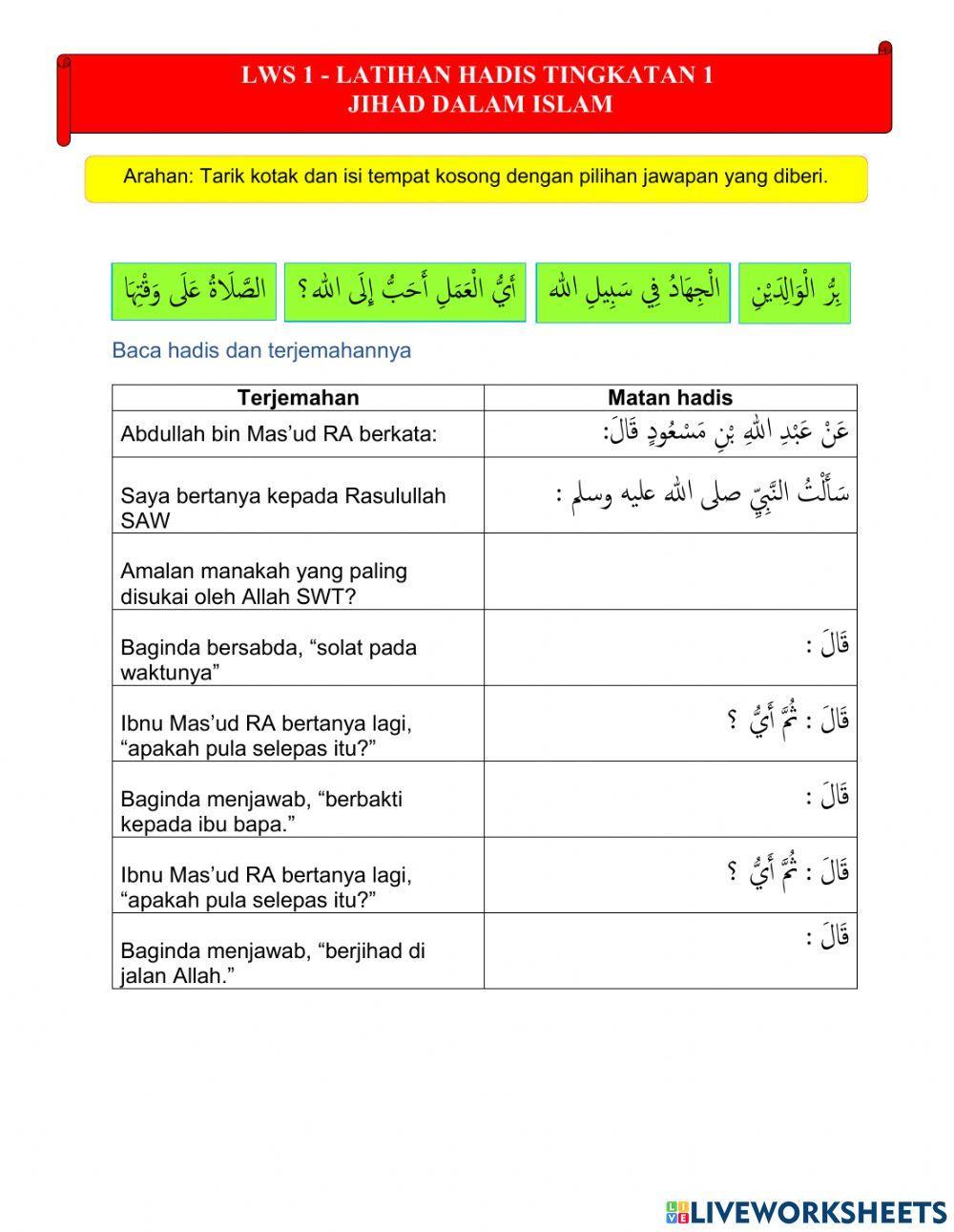 PI T1 Hadis Jihad Dalam Islam worksheet | Live Worksheets