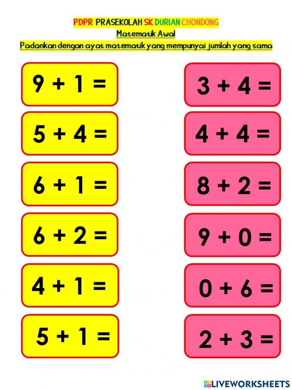 Operasi tambah - worksheet | Live Worksheets