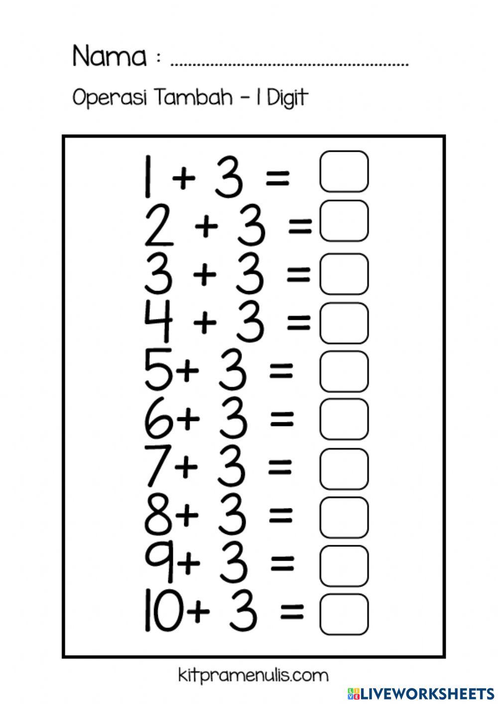 Tambah prasekolah interactive worksheet | Live Worksheets