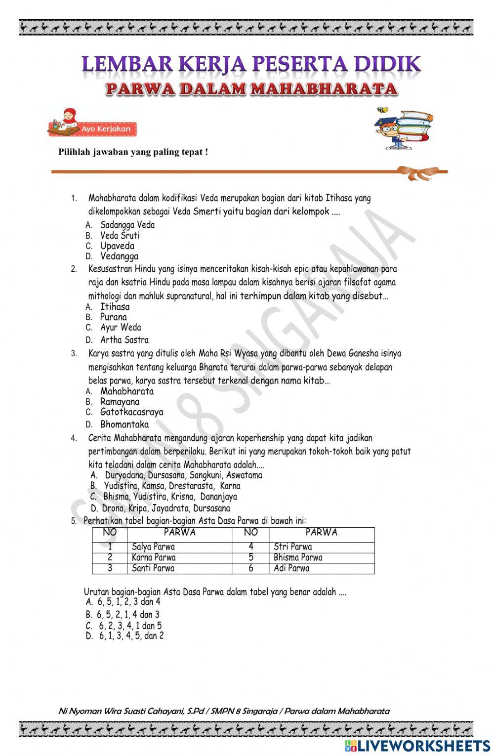 Parwa dalam Mahabharata worksheet | Live Worksheets