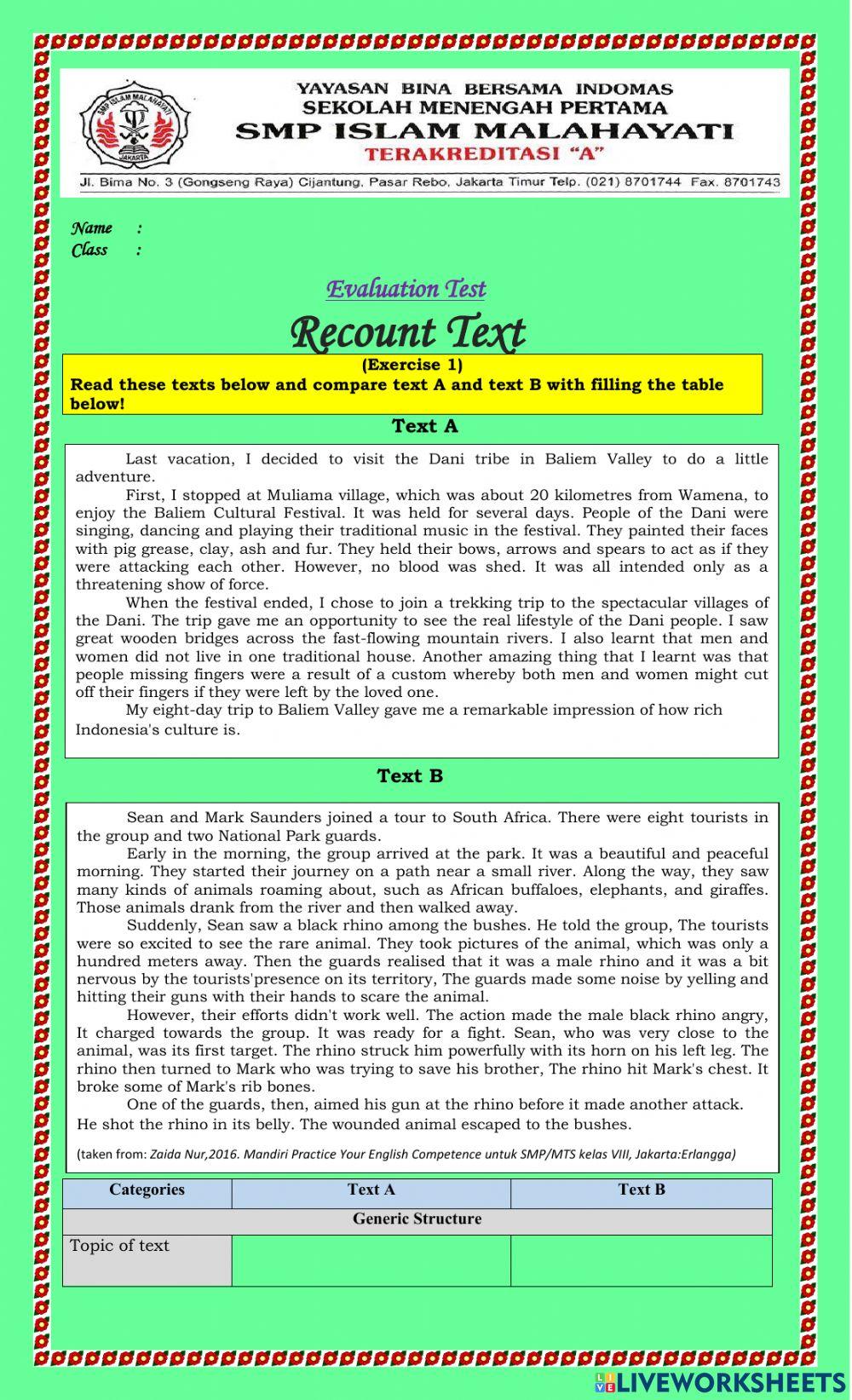 Recount text | Free Interactive Worksheets | 1106388