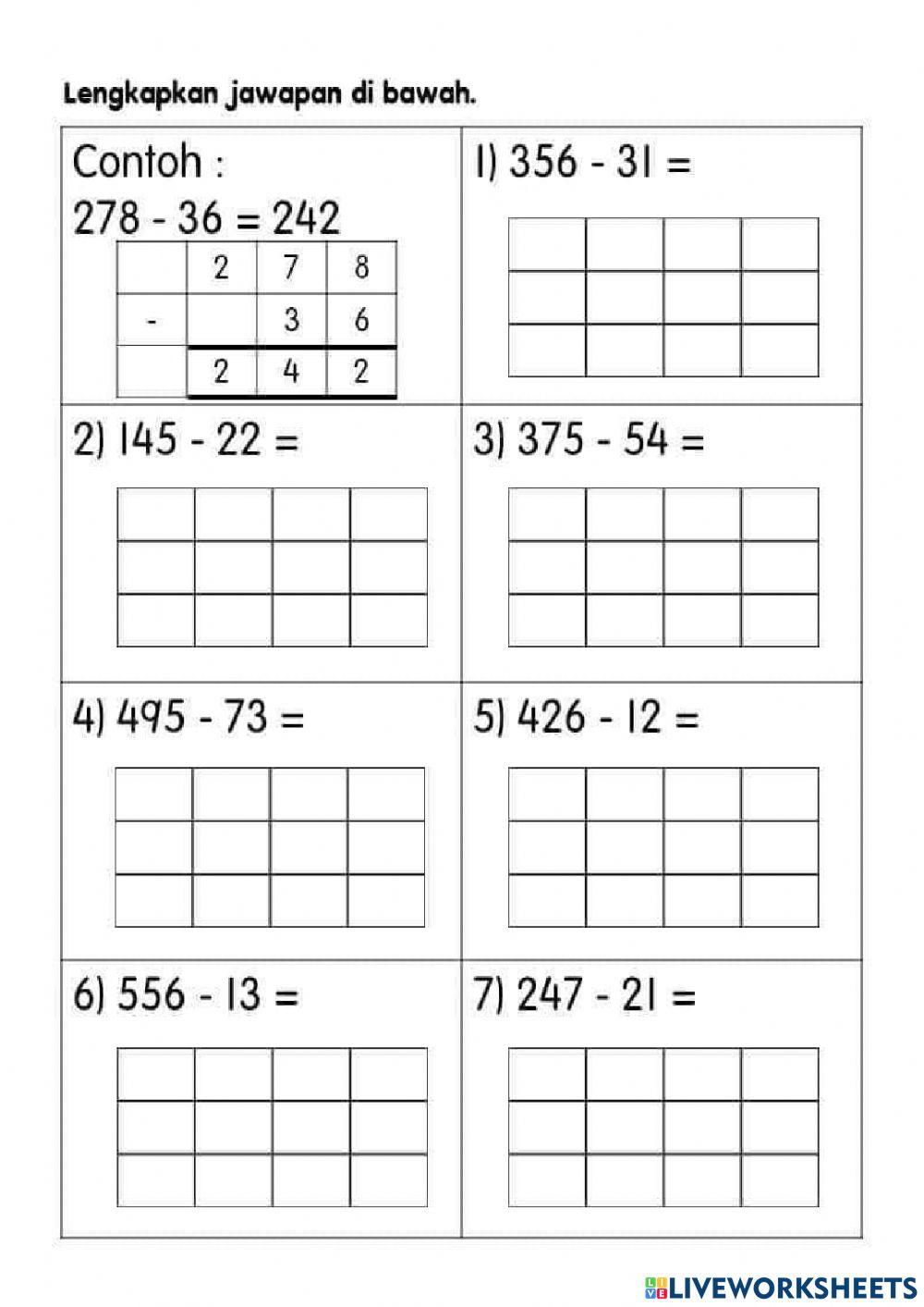 Operasi tolak activity for tahun 4 | Live Worksheets