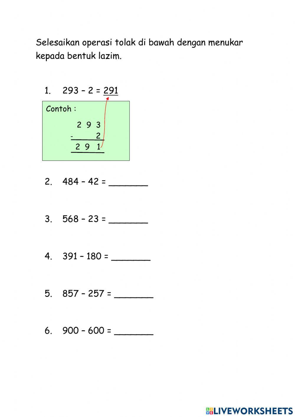 Operasi tolak exercise for tahun 4 | Live Worksheets