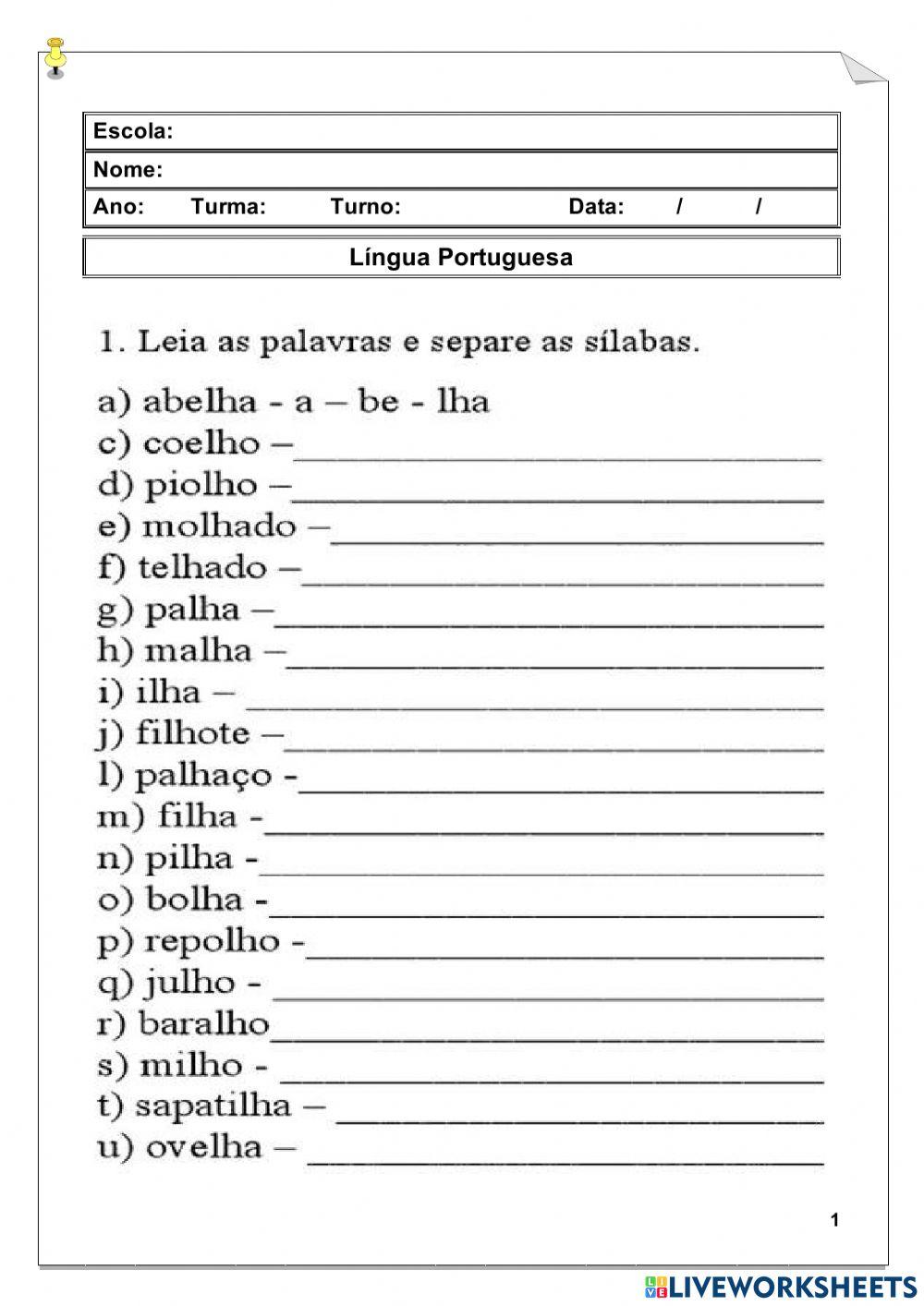 Separação Silab… | Free Interactive Worksheets | 1107096
