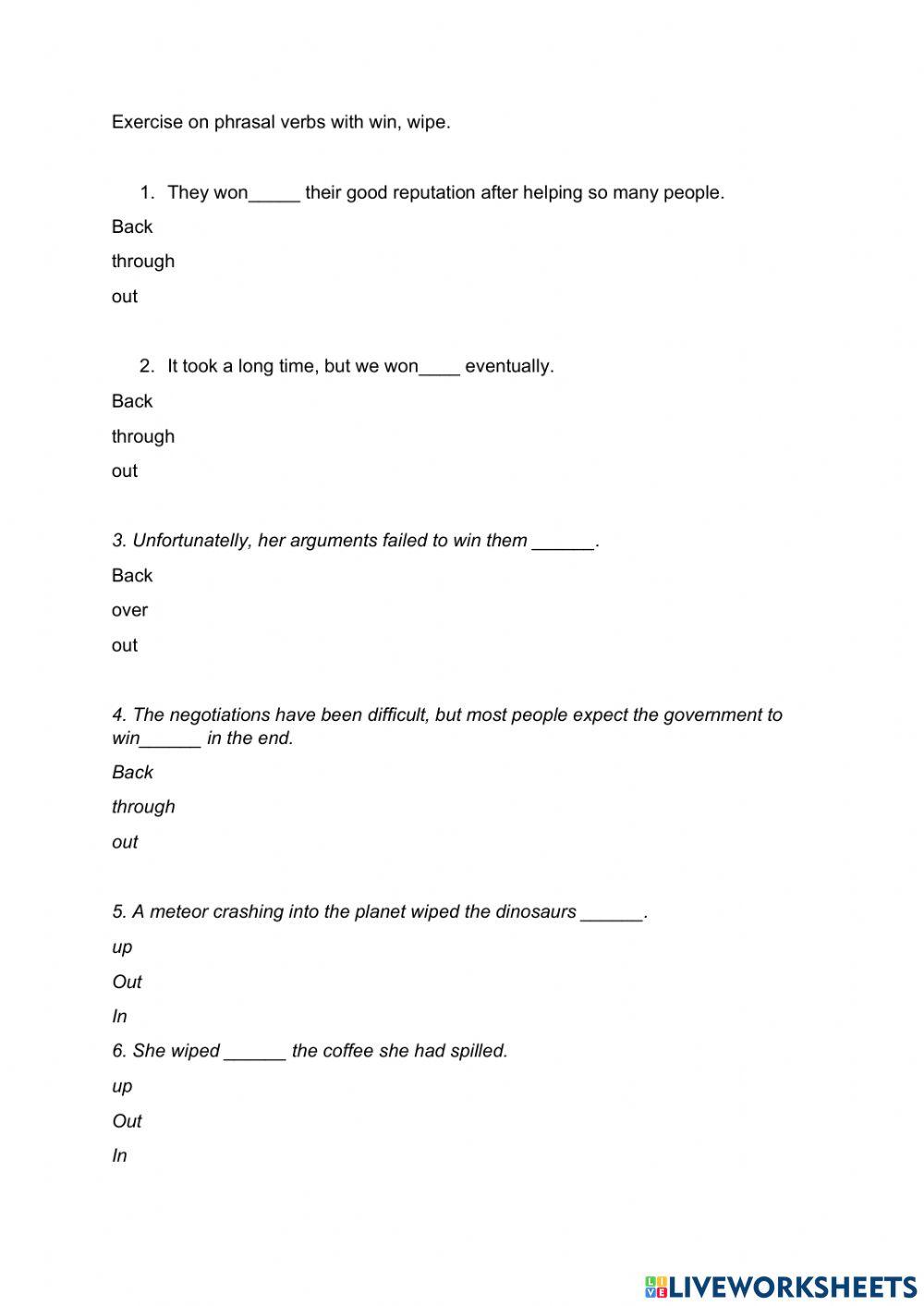 Phrasal verbs- win, wipe worksheet | Live Worksheets