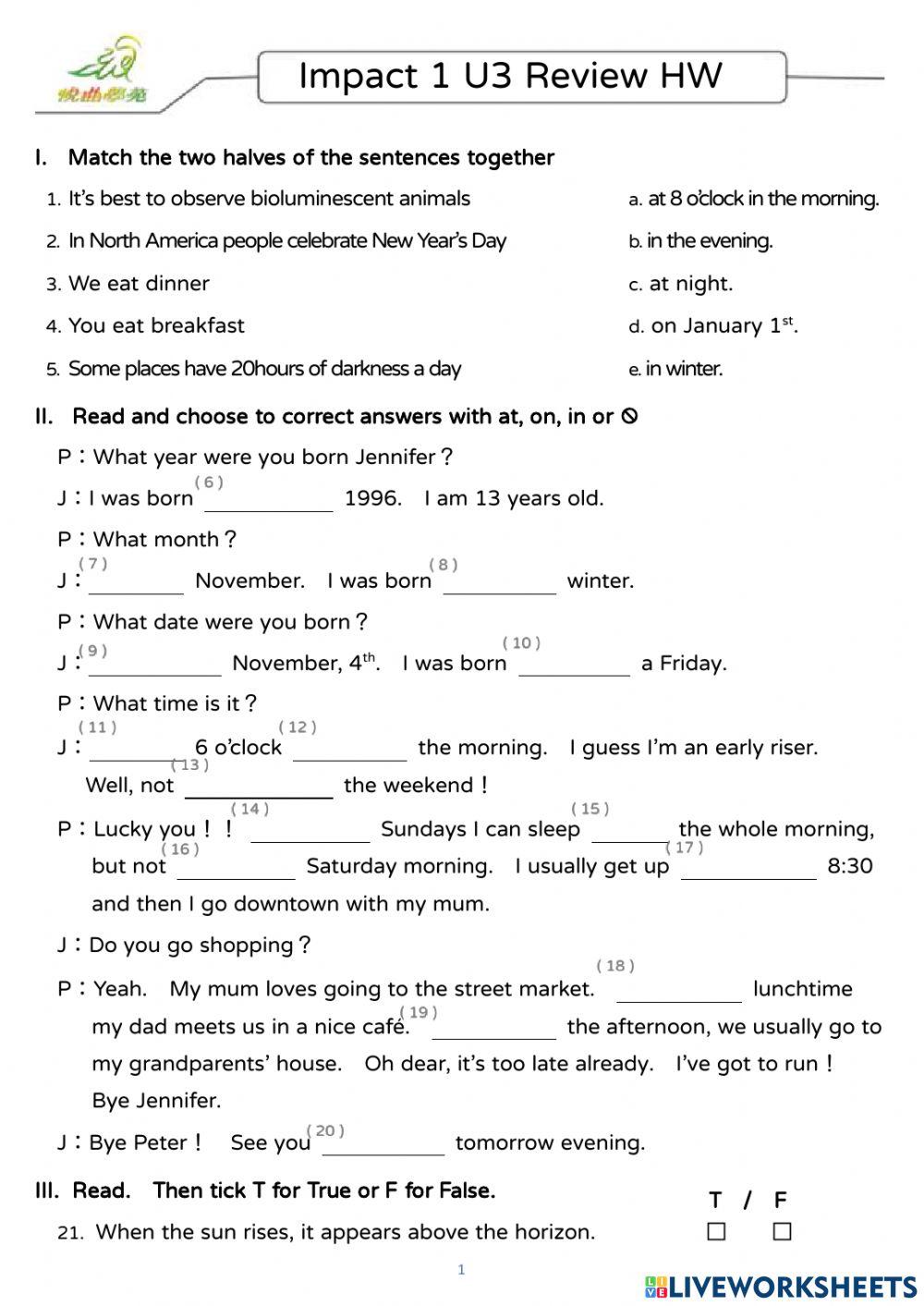 Impact 1 U3 Review worksheet | Live Worksheets