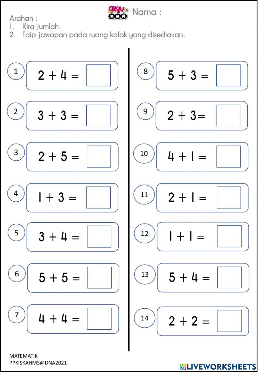 Operasi Tambah online pdf worksheet | Live Worksheets