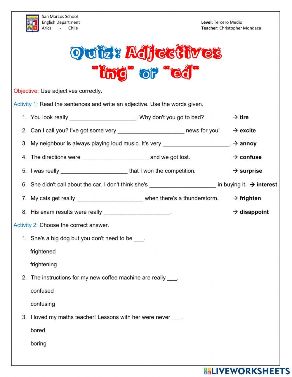 Quiz ING and ED worksheet | Live Worksheets