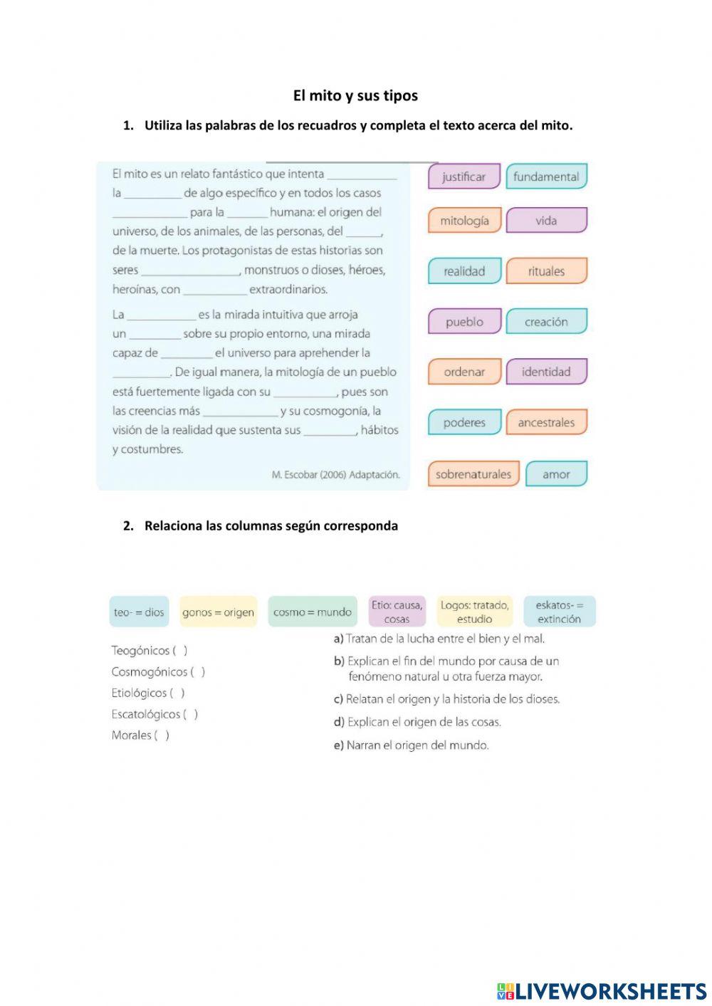 El mito | Free Interactive Worksheets | 1108956