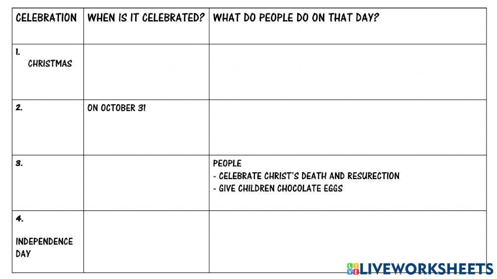 Celebrations interactive activity for 6th - 8th | Live Worksheets