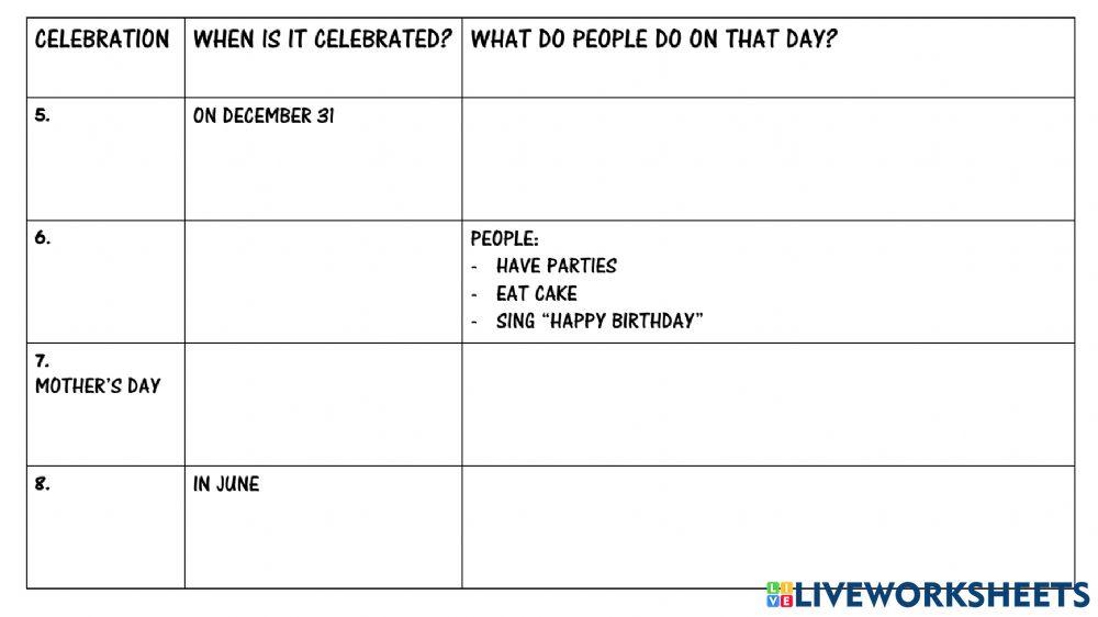 Celebrations interactive activity for 6th - 8th | Live Worksheets