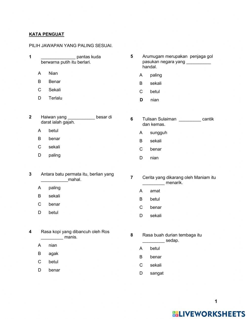 Kata penguat online worksheet for menengah rendah | Live Worksheets