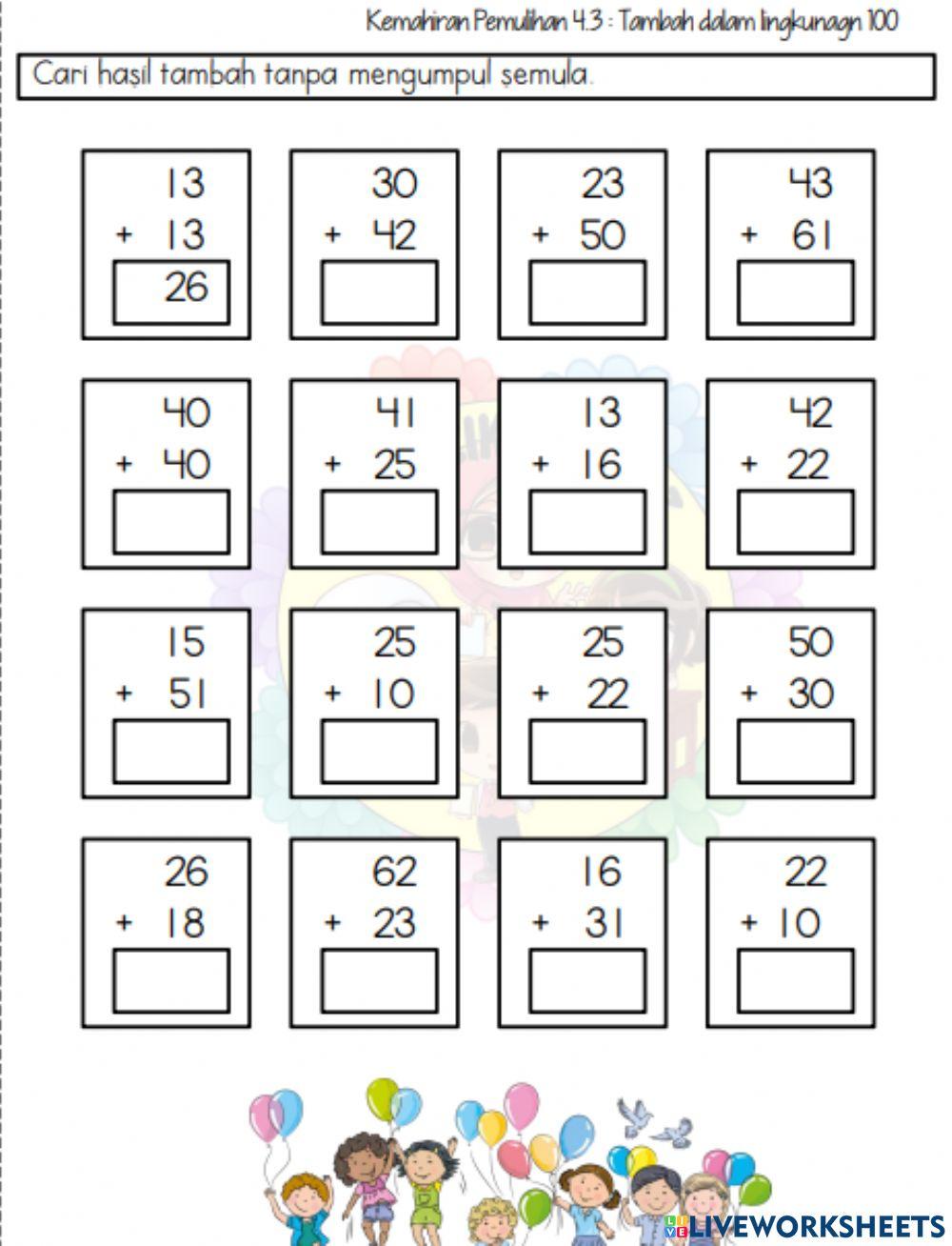 Tambah Dalam lingkungan 100 interactive exercise | Live Worksheets