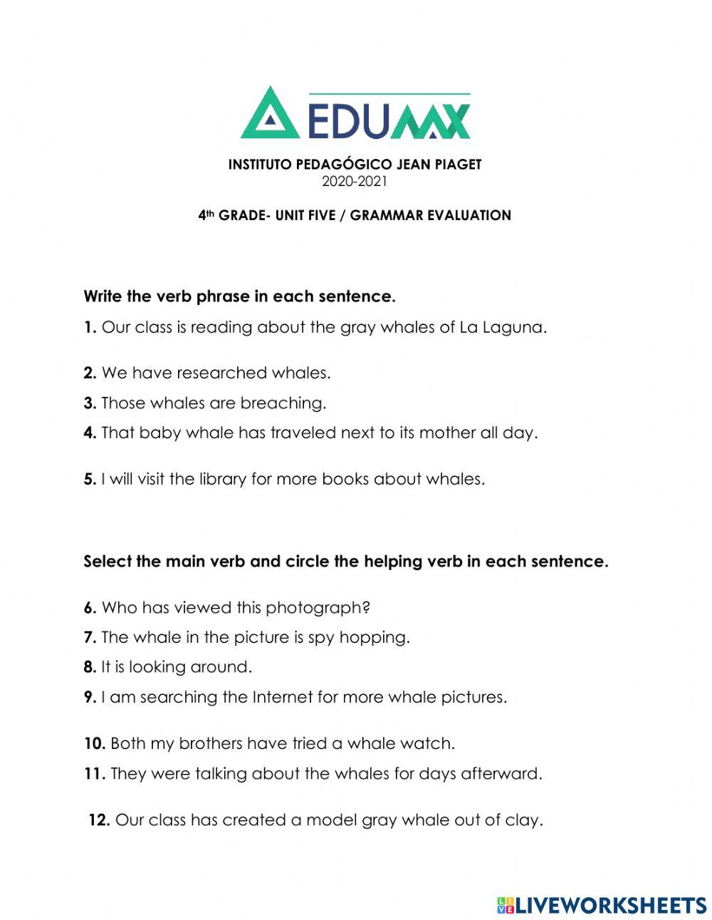 Grammar evaluation u5 worksheet | Live Worksheets