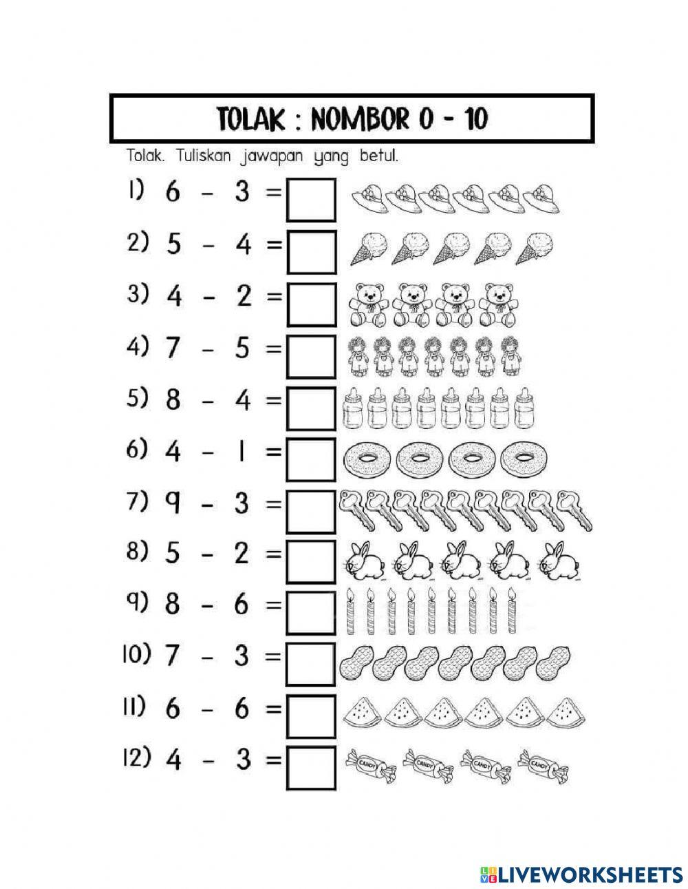 Pemulihan matematik (tolak) worksheet | Live Worksheets