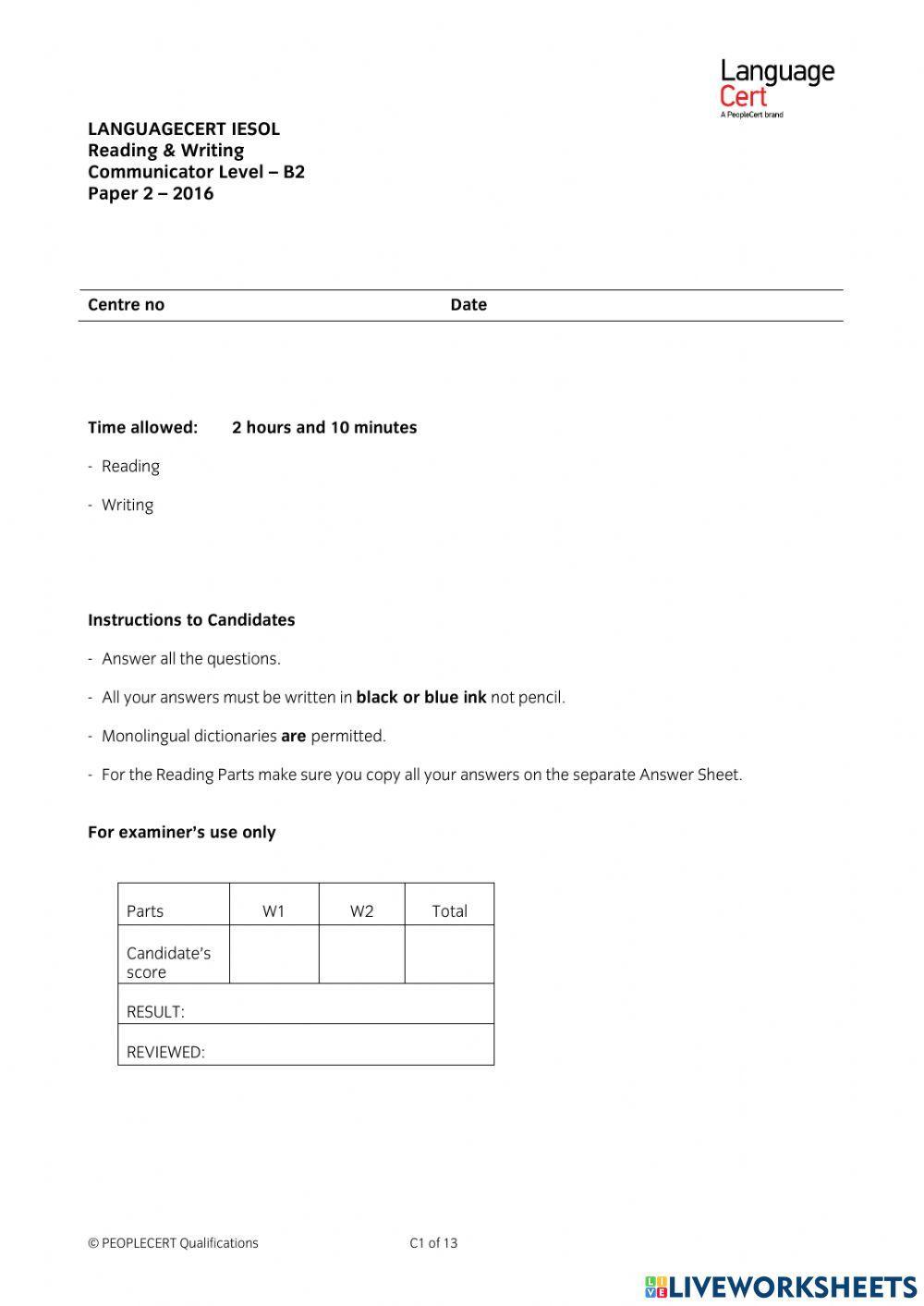Language cert Reading B2 worksheet | Live Worksheets