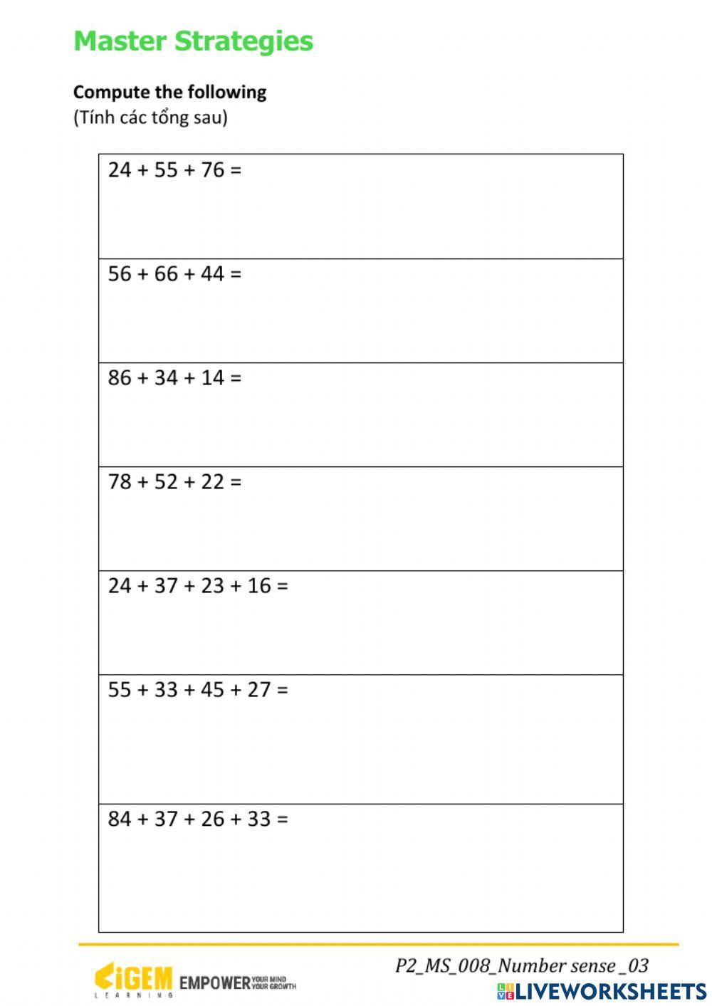 P2 - MS - tricks for add sub online exercise for | Live Worksheets