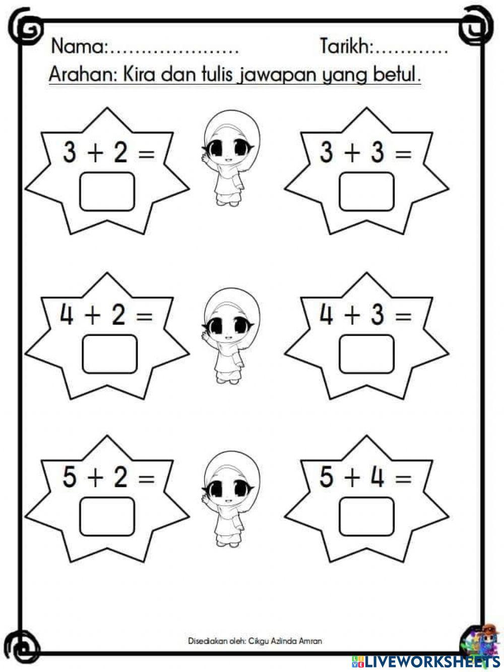 Operasi tambah exercise for prasekolah | Live Worksheets