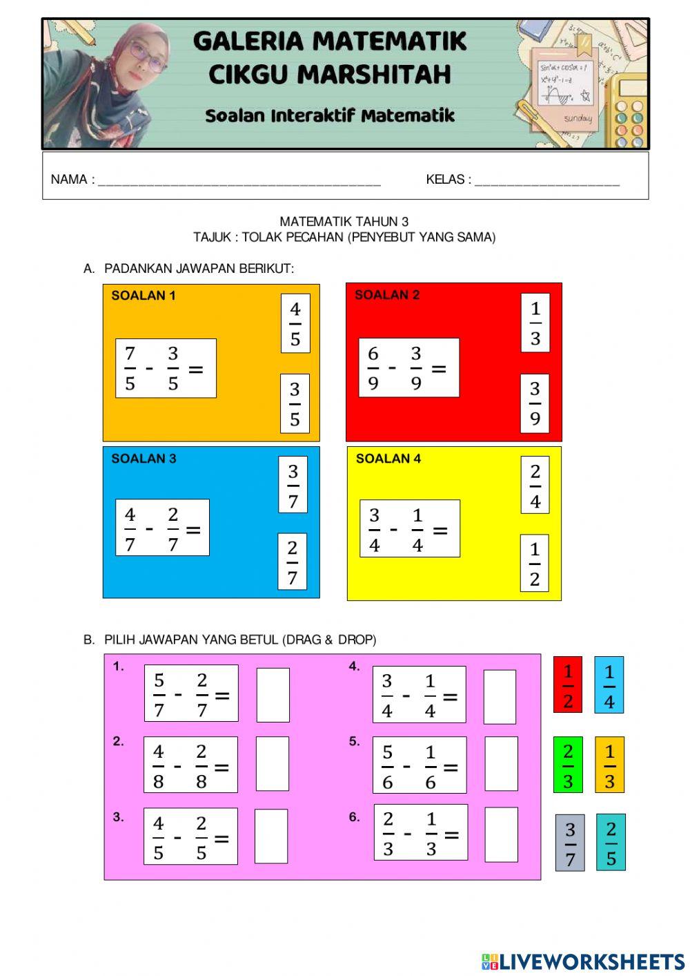 Matematik tahun 3 - tolak pecahan activity | Live Worksheets