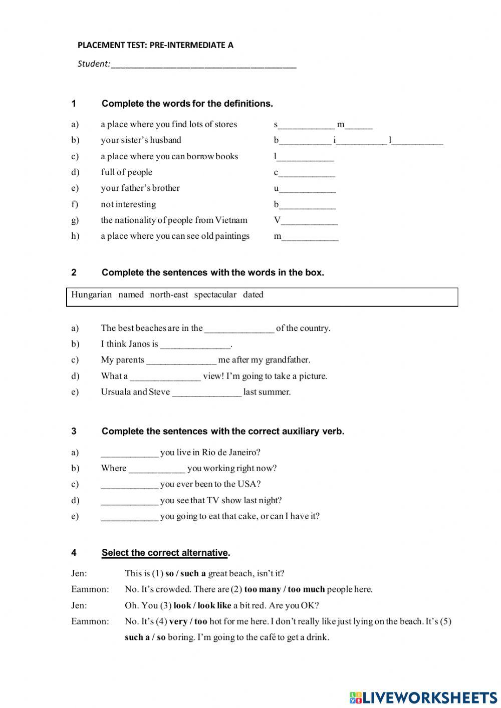 Placement test free activity | Live Worksheets