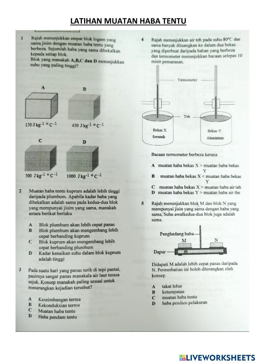 Muatan haba tentu objektif worksheet | Live Worksheets