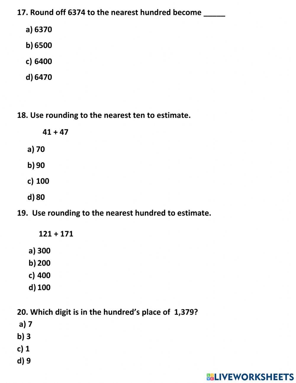 Multiple choice questions Chapter 4. Mathematics class 2 Round off ...