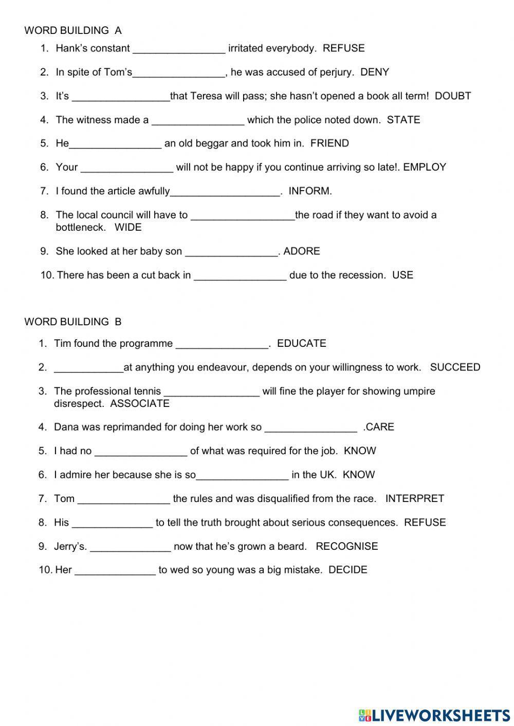 Wordbuilding 1 | Free Interactive Worksheets | 1111173