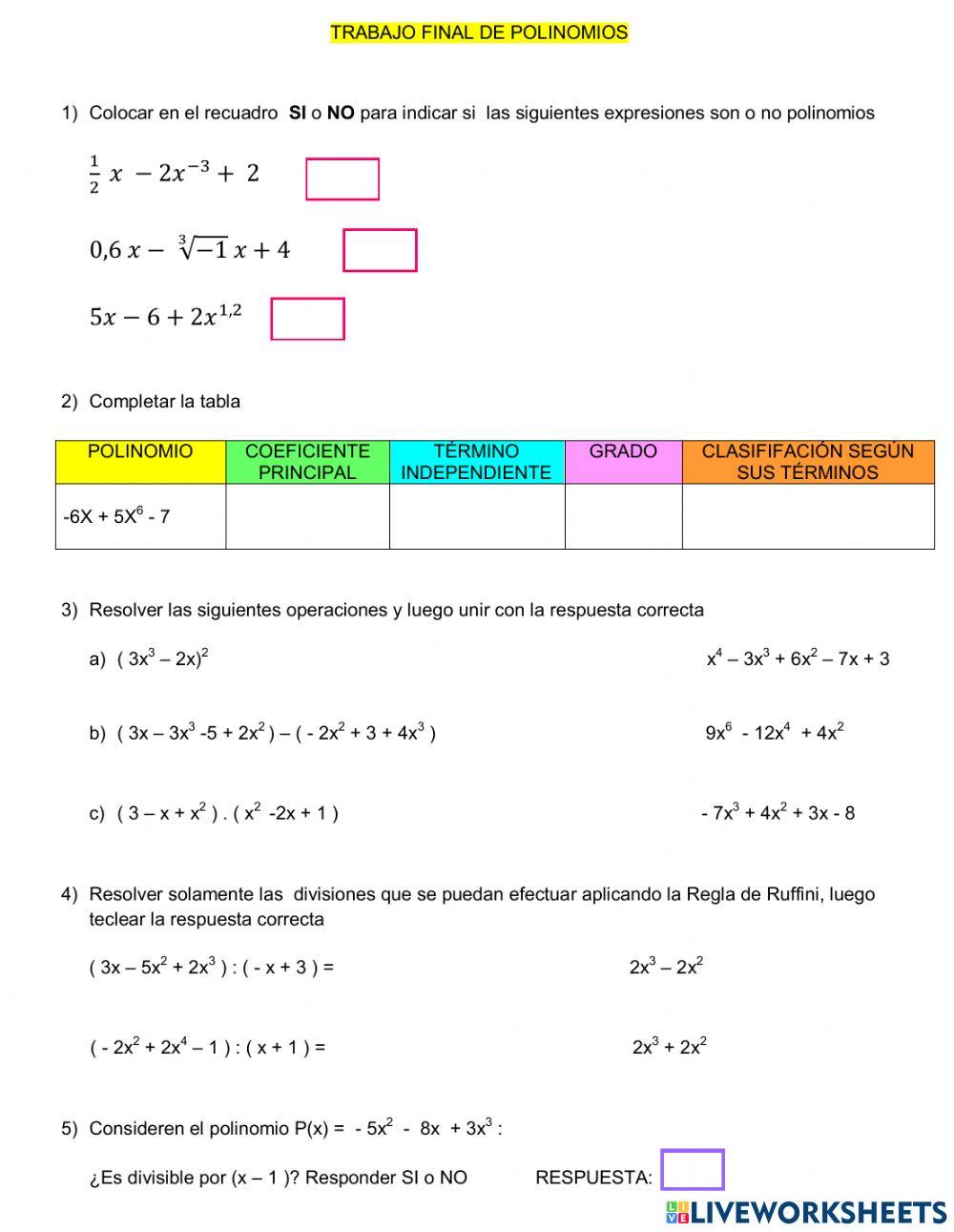 Trabajo final polinomios cens worksheet | Live Worksheets