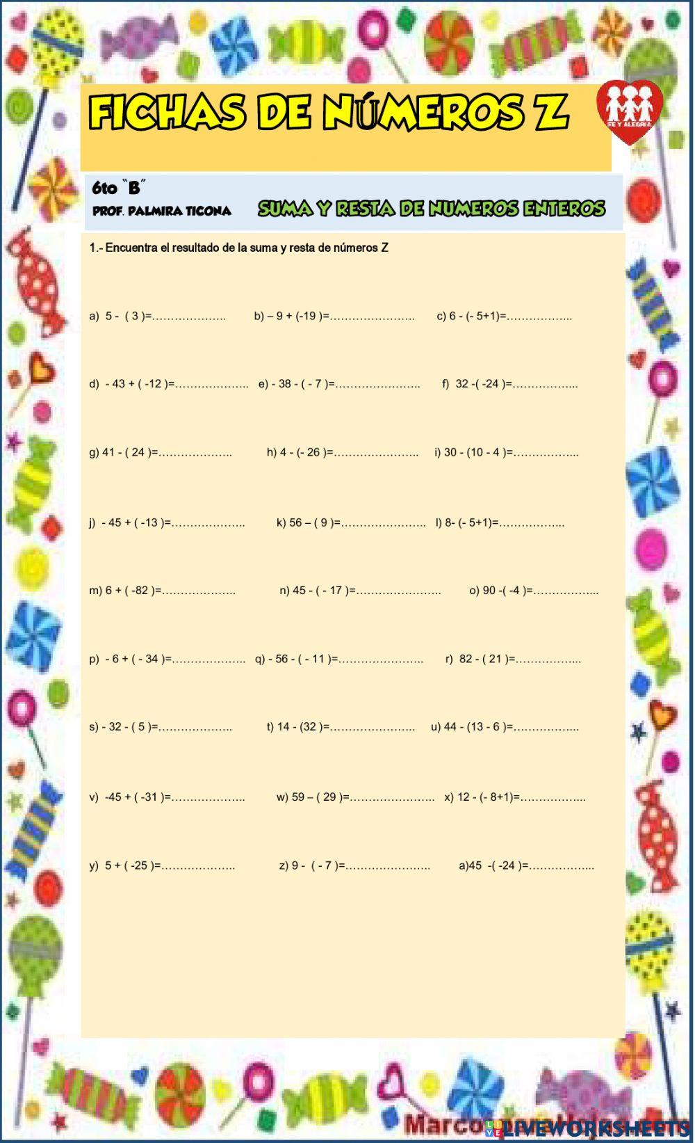 Sumas y resta de numeros enteros worksheet | Live Worksheets