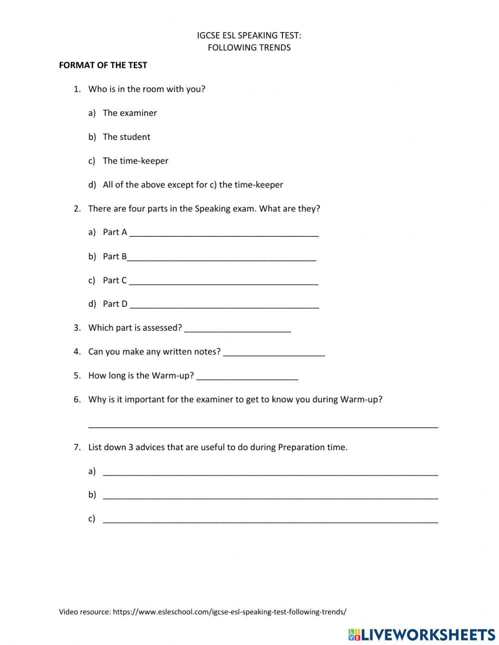 IGCSE ESL SPEAKING TEST QUIZ - Following Trends online exercise for ...