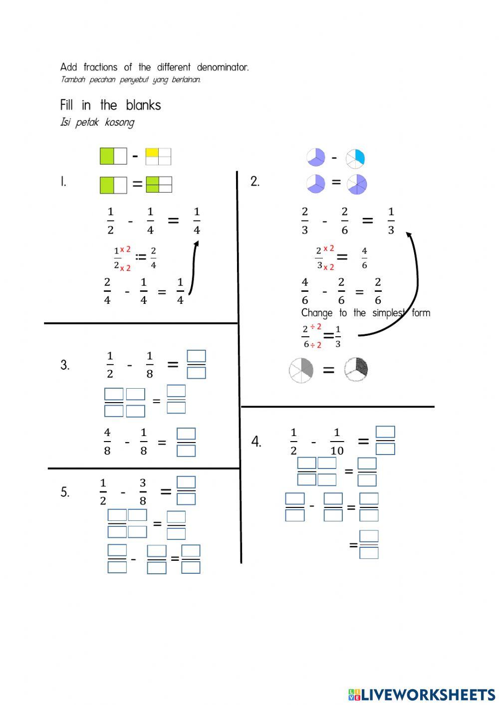 Subtraction of fractions interactive worksheet | Live Worksheets