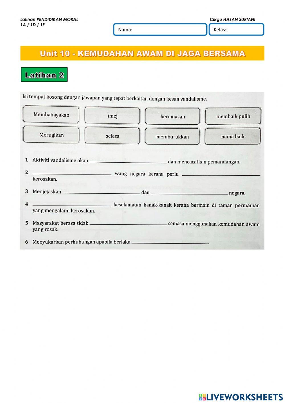 Latihan 2: Unit 10 - KEMUDAHAN AWAM DIJAGA BERSAMA worksheet | Live ...