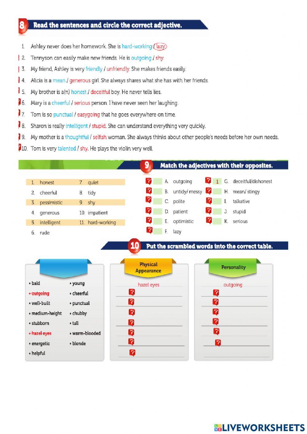 Personality online exercise for 7 | Live Worksheets