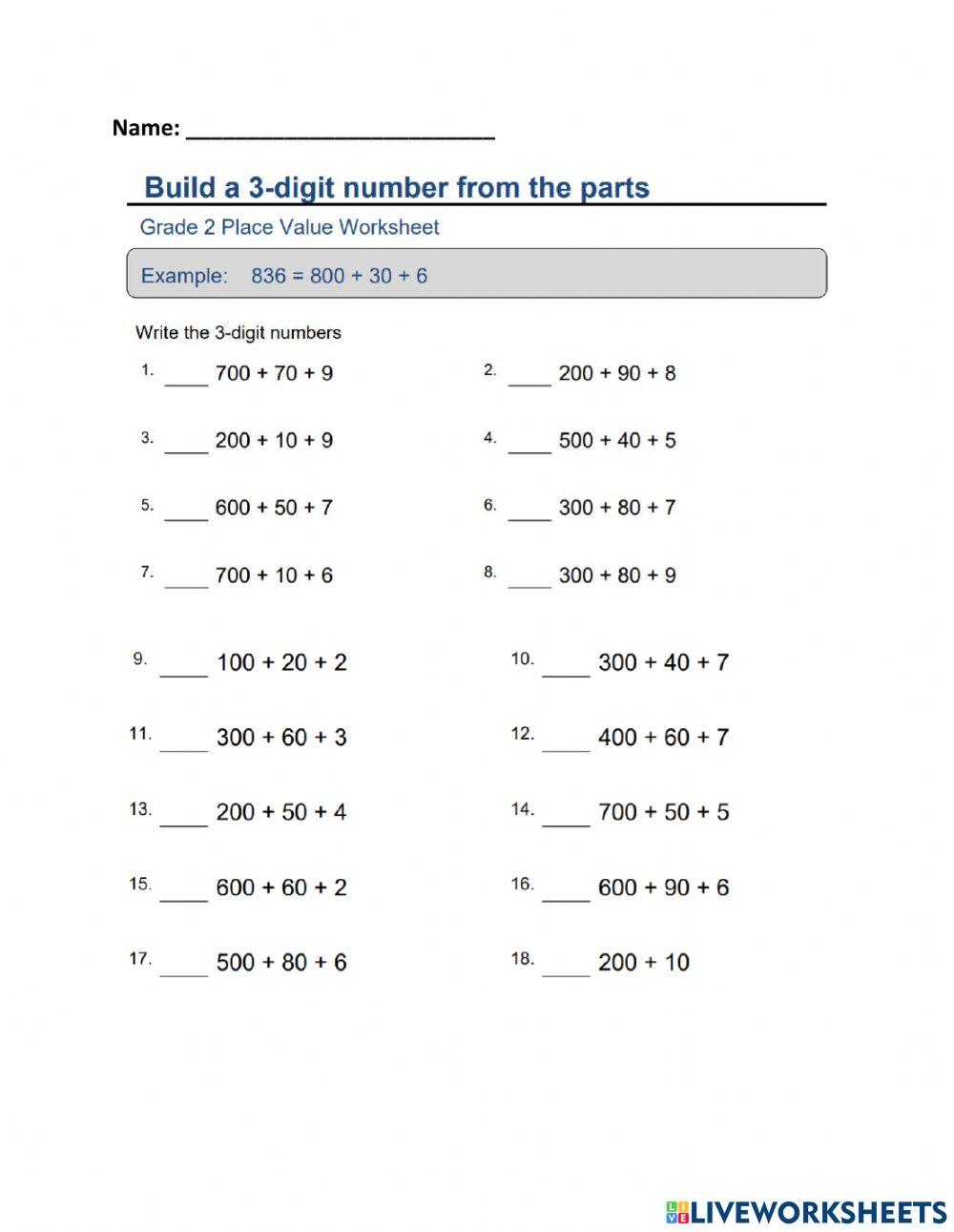1113341 | Place value 3 Digit | aivy | LiveWorksheets