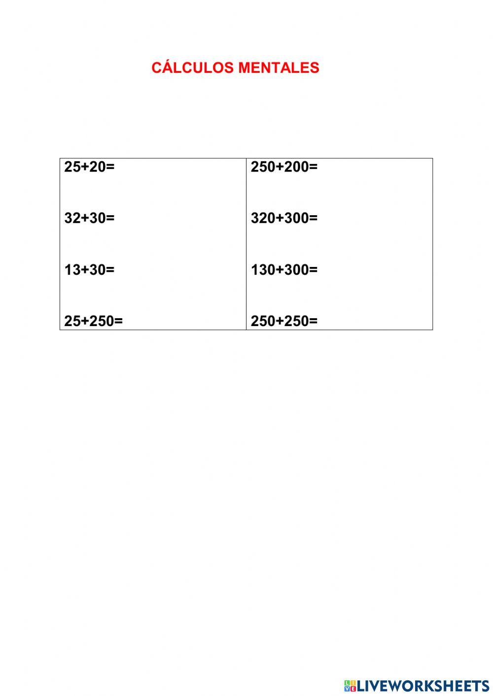 Cálculos mentales online exercise for segundo de primaria | Live Worksheets
