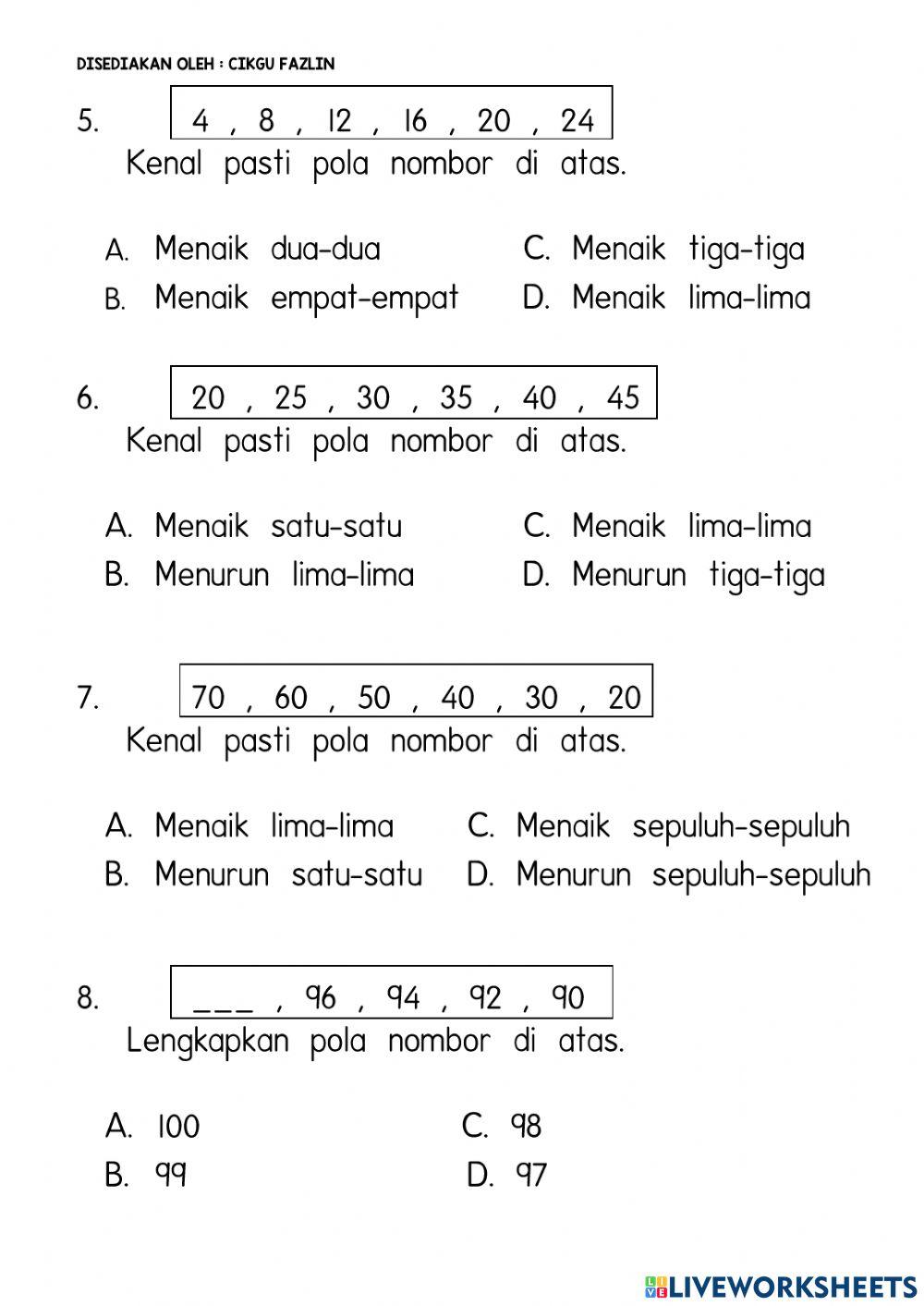 Pola Nombor free online worksheet | Live Worksheets