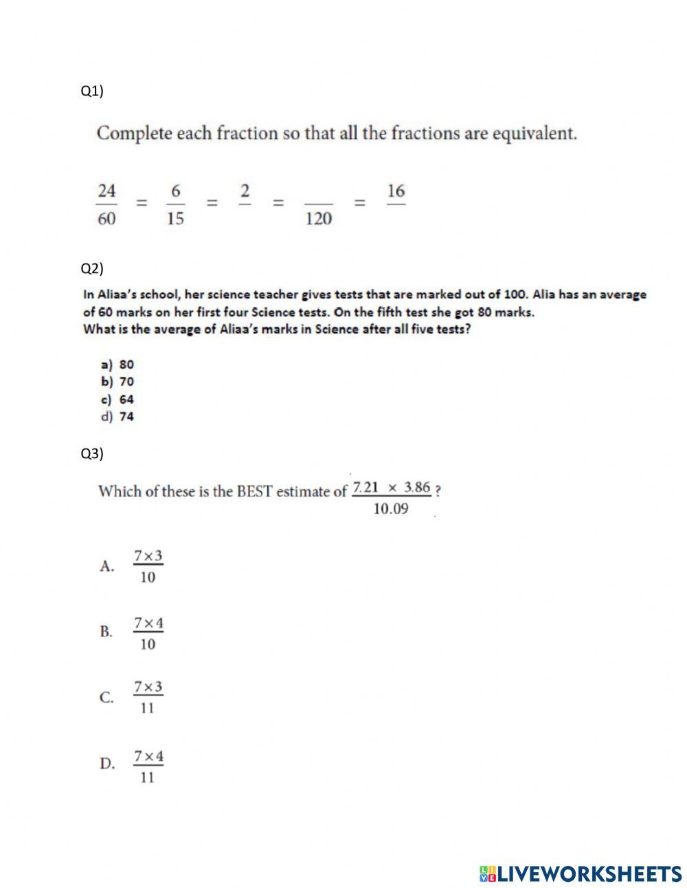 Numeracy skills-Day5 worksheet | Live Worksheets