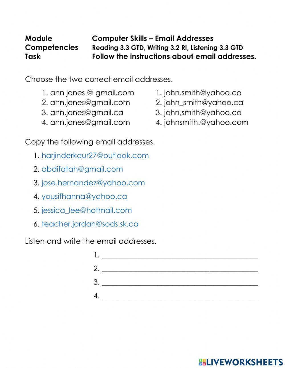 Skill-Building - Email Addresses (SODS.SK.CA) worksheet | Live Worksheets