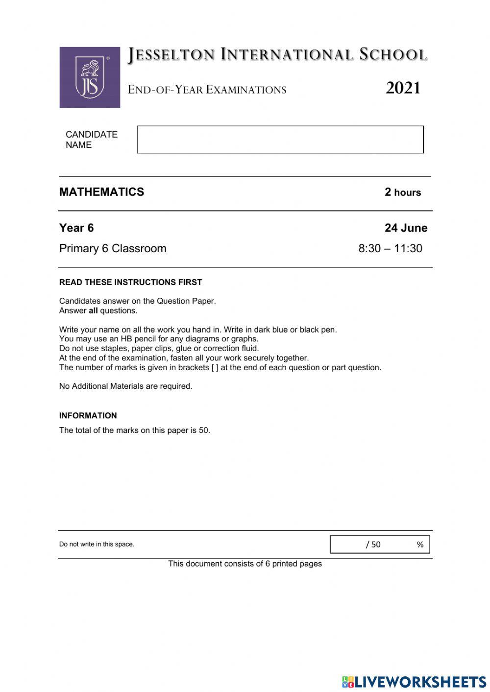 P6 End-of-Year Mathematics (Safura) Paper 1 online exercise for | Live ...