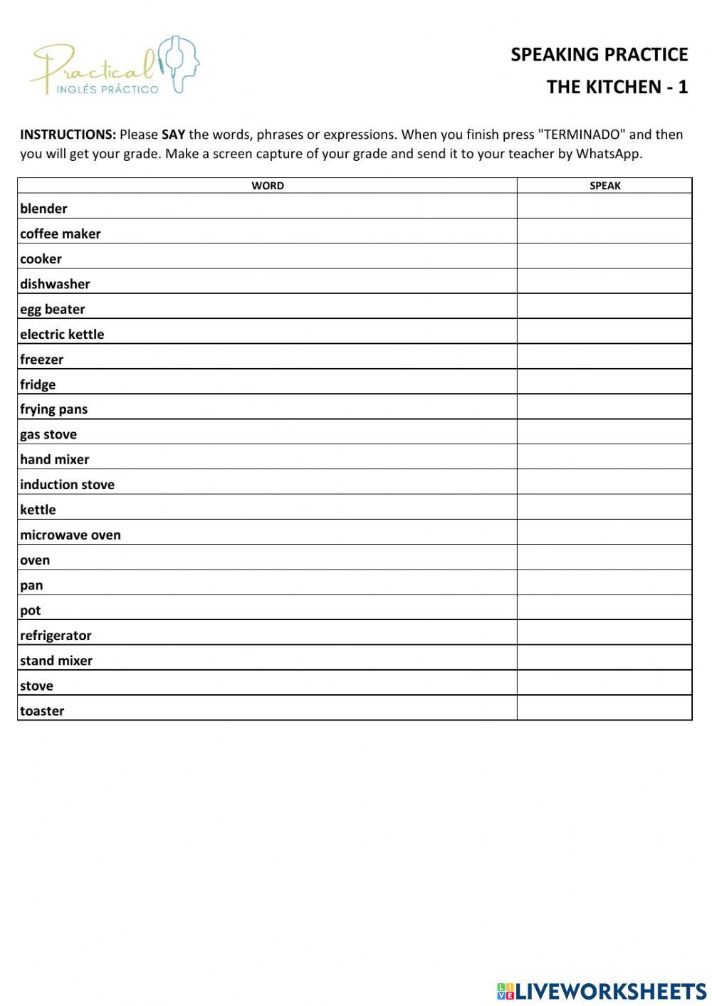Speaking practice - the kitchen - 1 worksheet | Live Worksheets