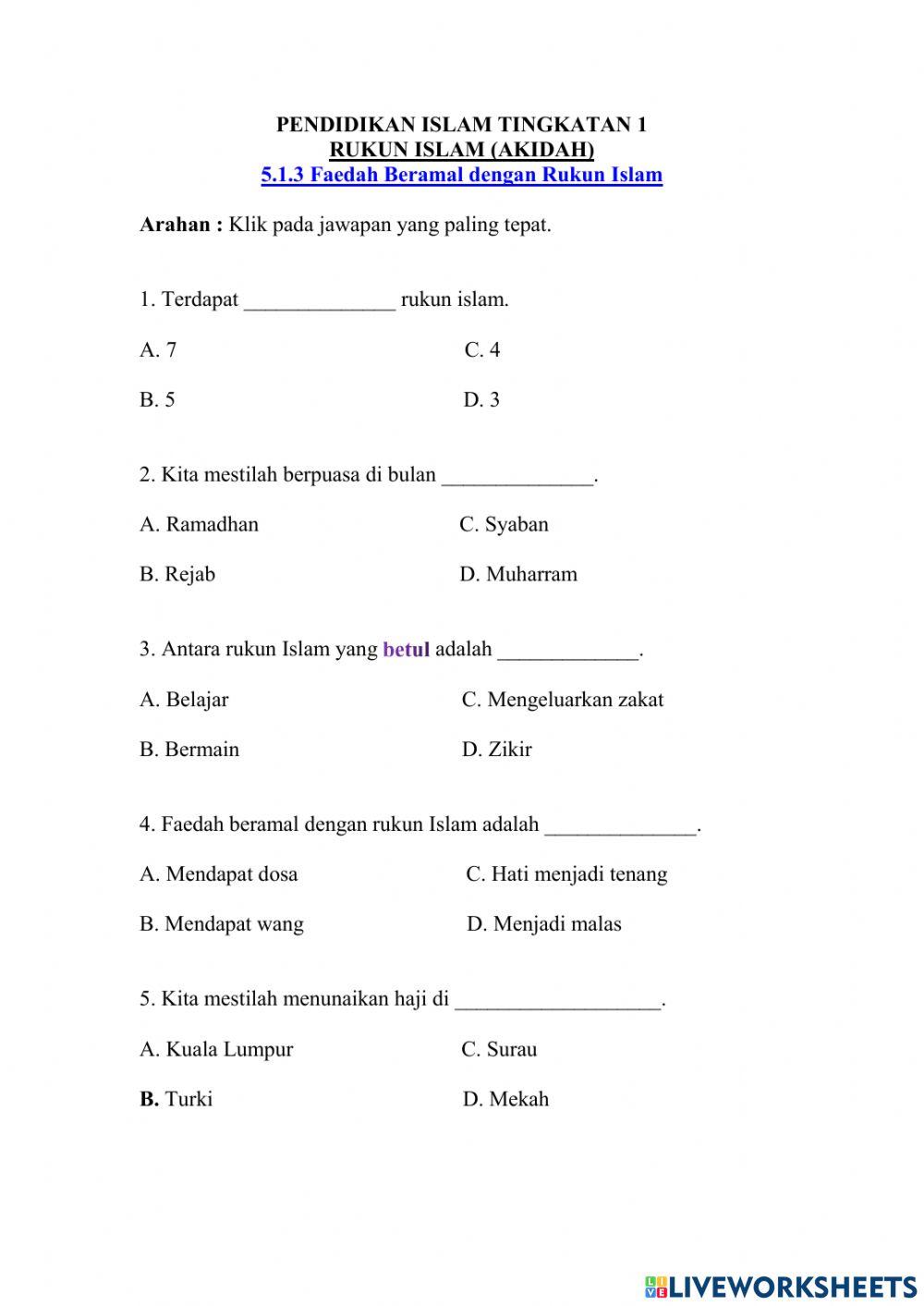 5 Rukun Islam serta Faedahnya worksheet | Live Worksheets