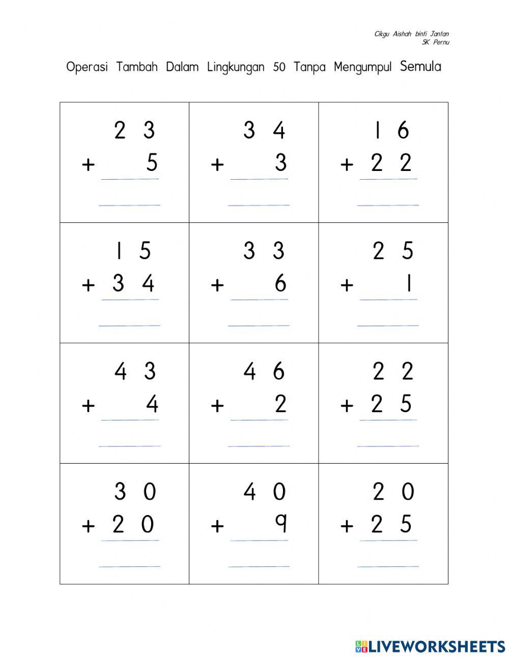 Tambah Dalam Li… | Free Interactive Worksheets | 1115553