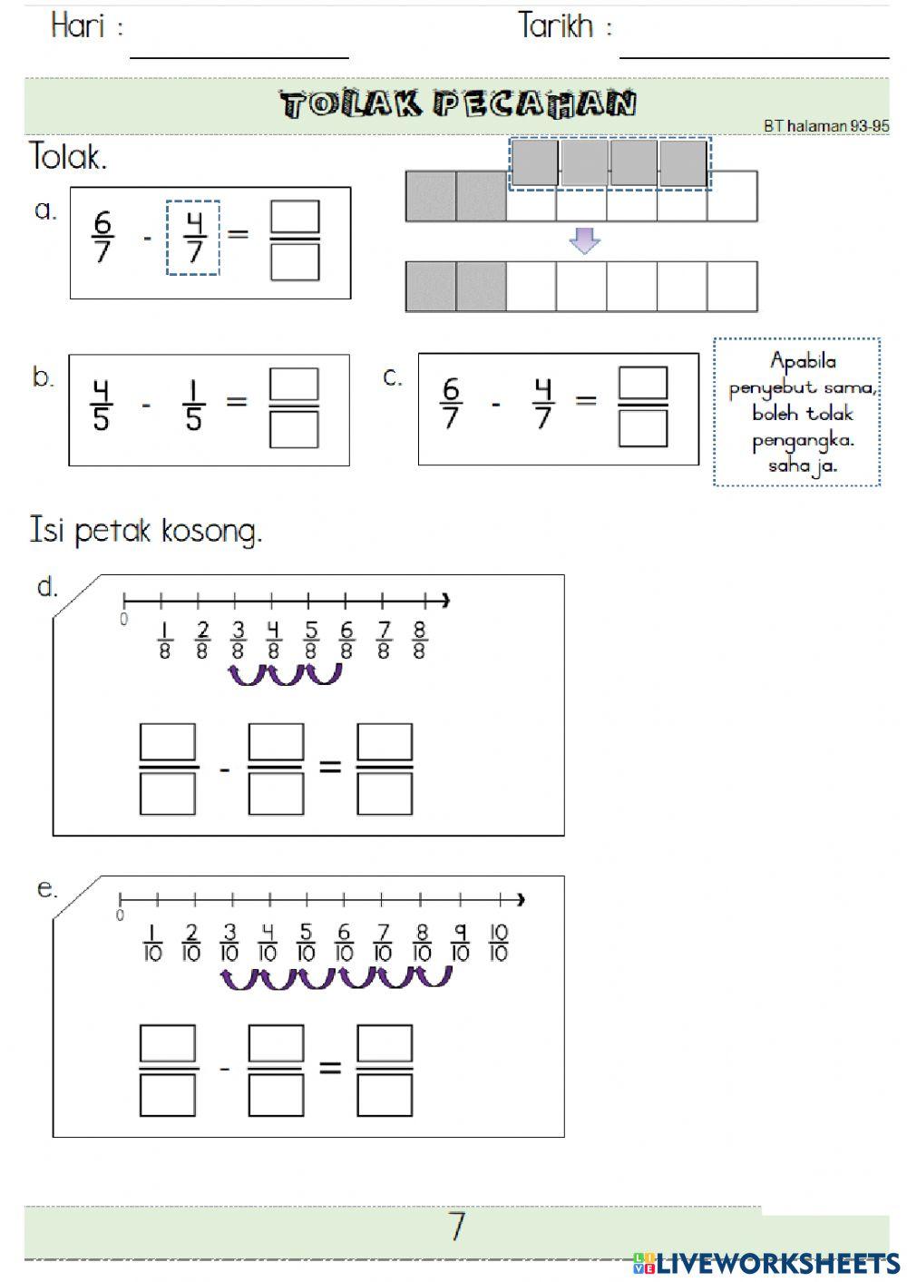 Tolak Pecahan online exercise | Live Worksheets